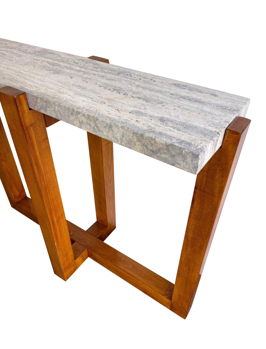 Balsamo Antiques | 1960's Pair Italian Travertine & Walnut Console Tables