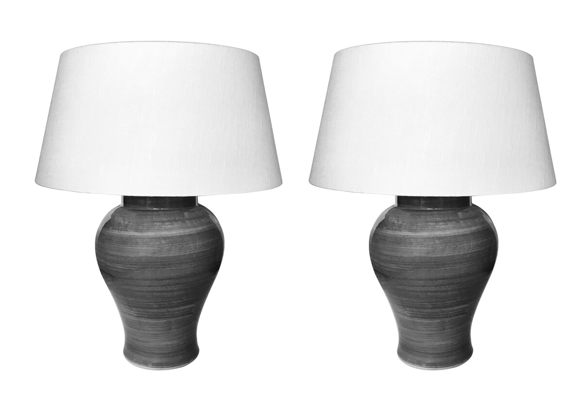 Balsamo Antiques | Contemporary Chinese Pair Gray Striated Design Lamps